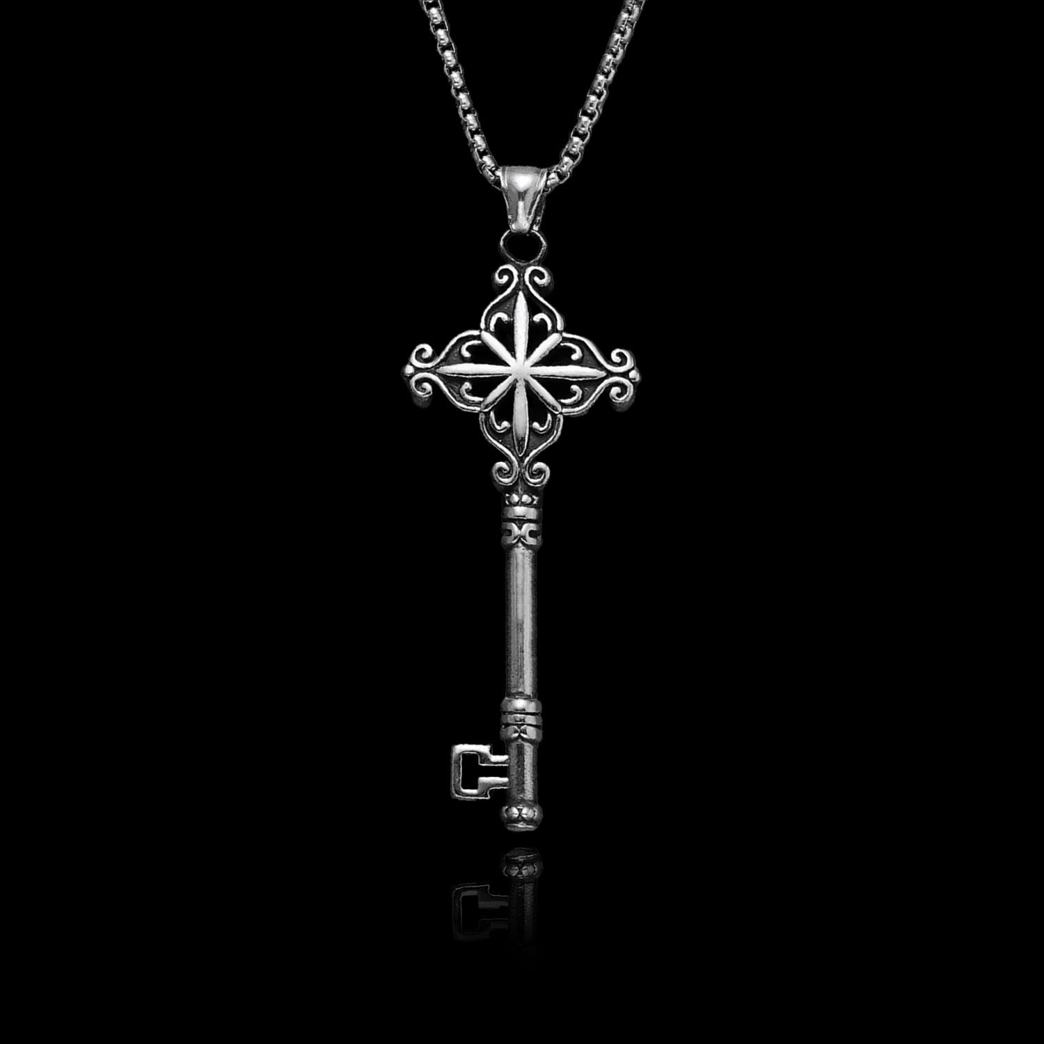 Gothic Key Necklace – Titanium Steel Silver Pendant & Chain – VillainsWear